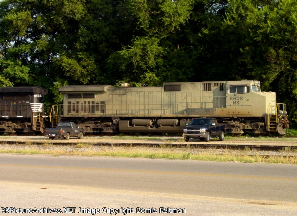 Six month old Norfolk Southern C40-9W #9802, in primer paint, headed southbound towards Mobile (AL)